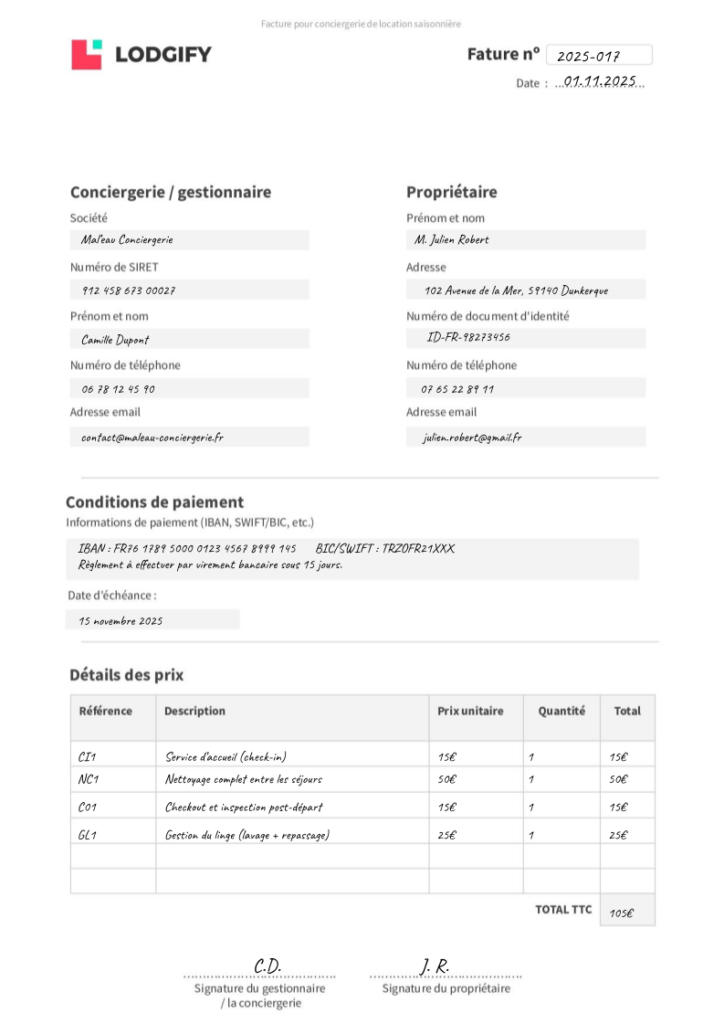 Modèle de facture pour conciergerie Airbnb avec exemple